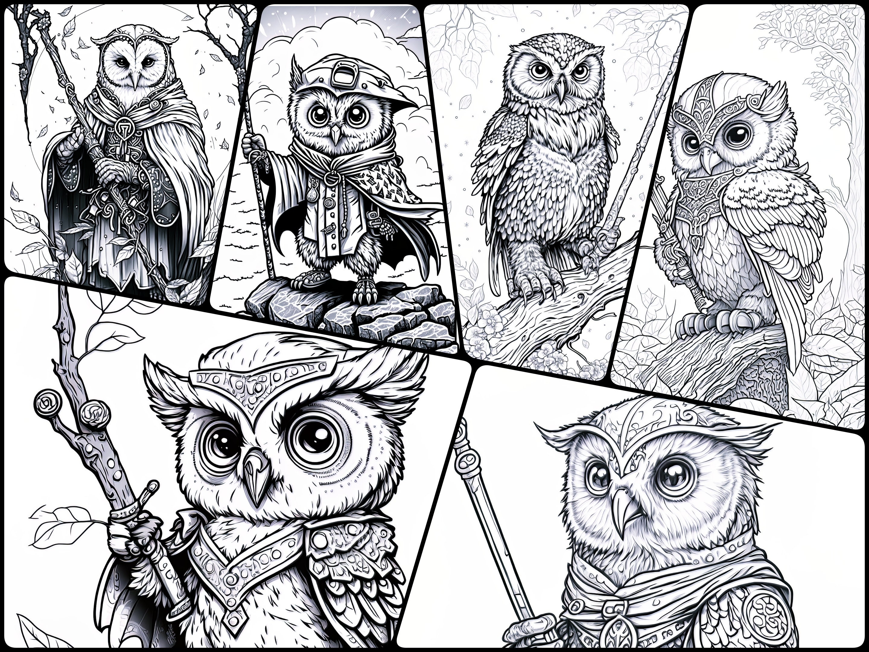 Relaxing Whimsical Owl Creatures Coloring Book for Adults grayscale ...