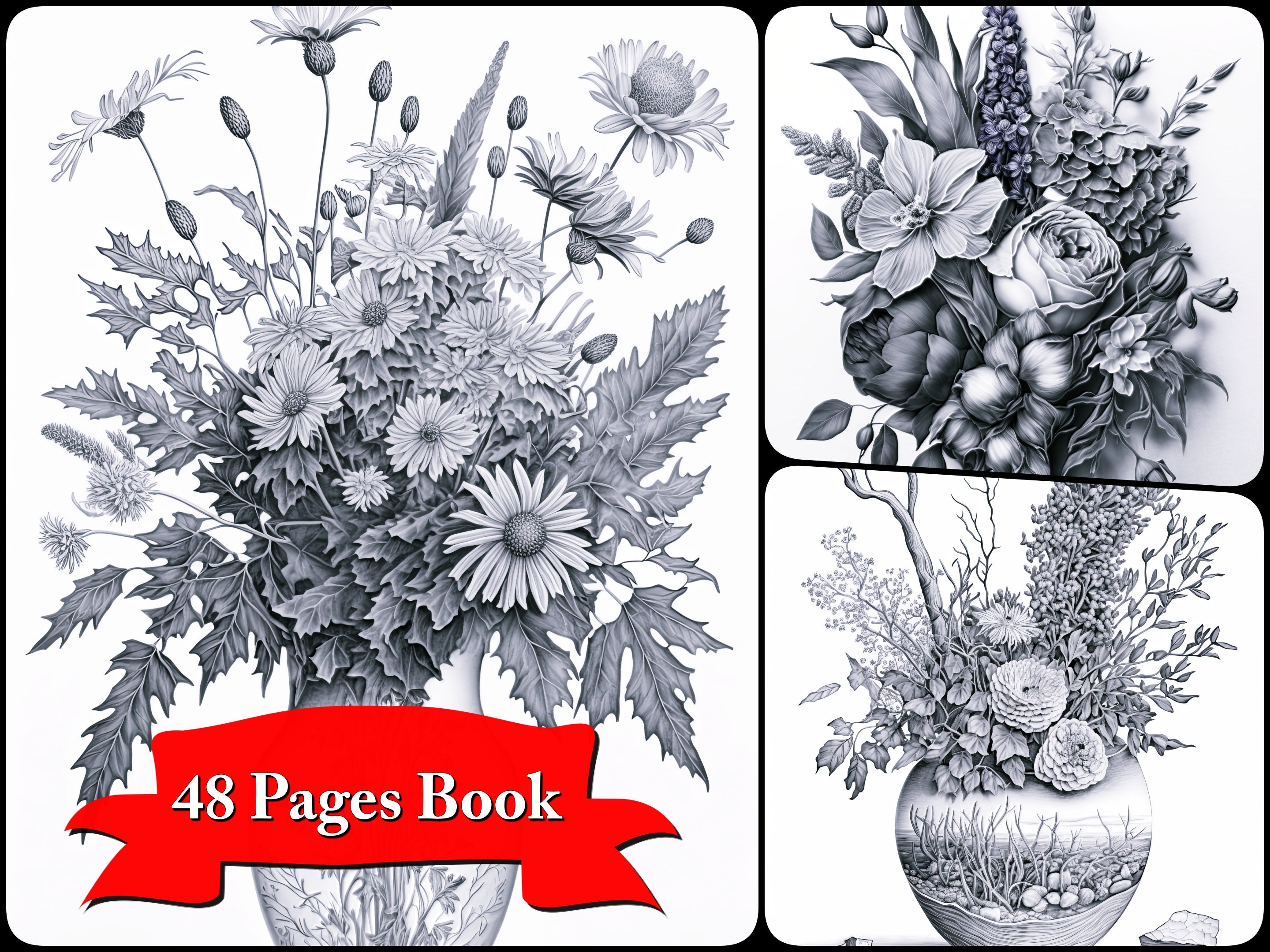 Flower Bouquet Coloring Page Collection for Adults and Kids: Instant ...
