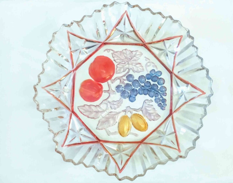 Federal Glass 10 Inch Crimped Bowl With Intaglio Fruit Design - Etsy