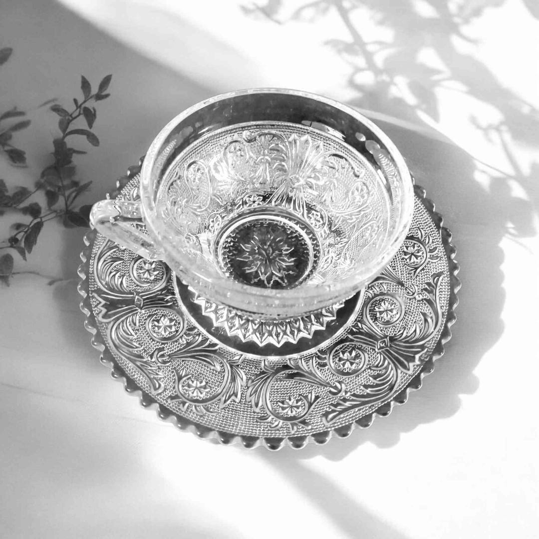 Duncan and Miller Sandwich Glass Cups and Saucers. Clear Depression ...
