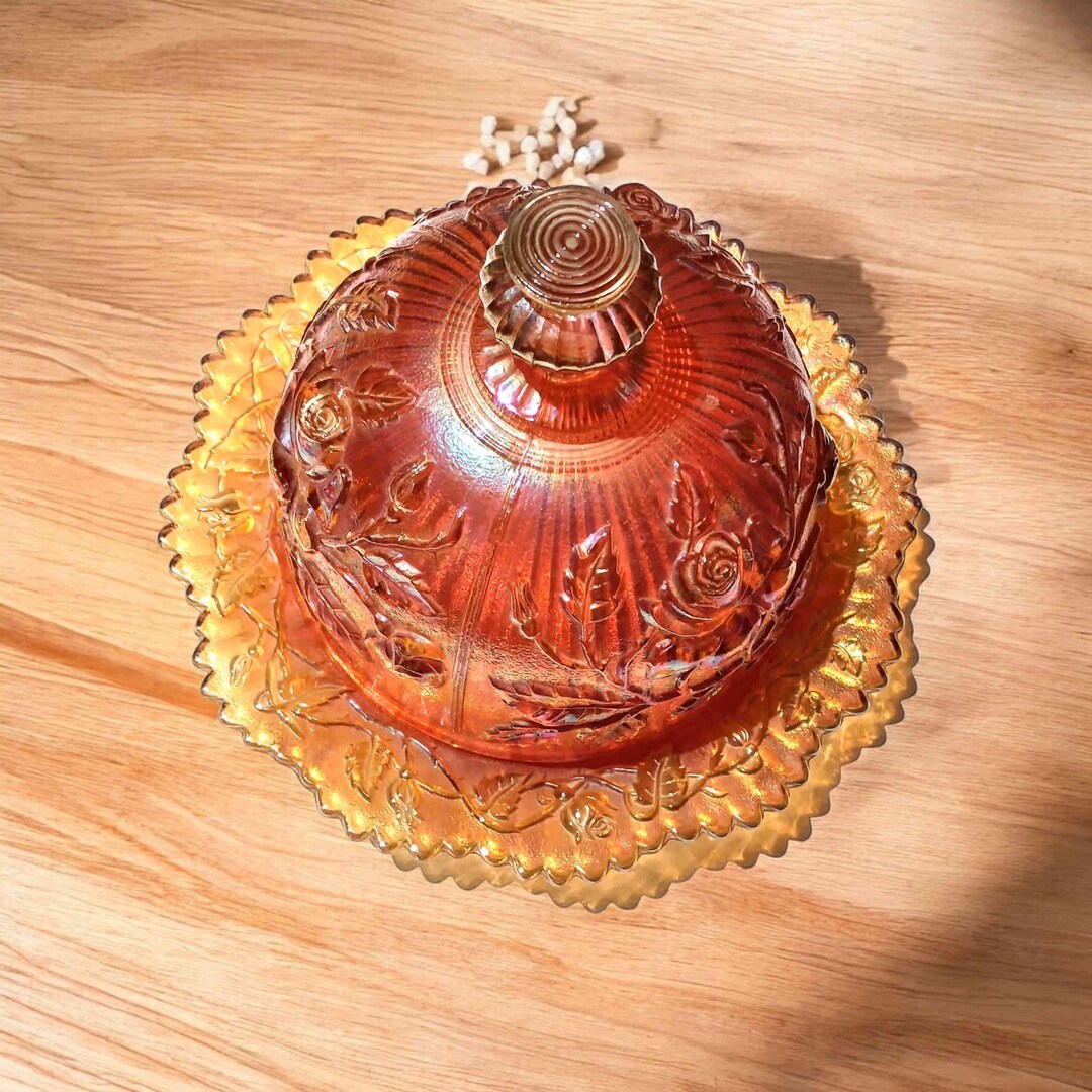 Imperial Glass Luster Rose Domed Butter Dish, Iridescent Carnival Glass ...
