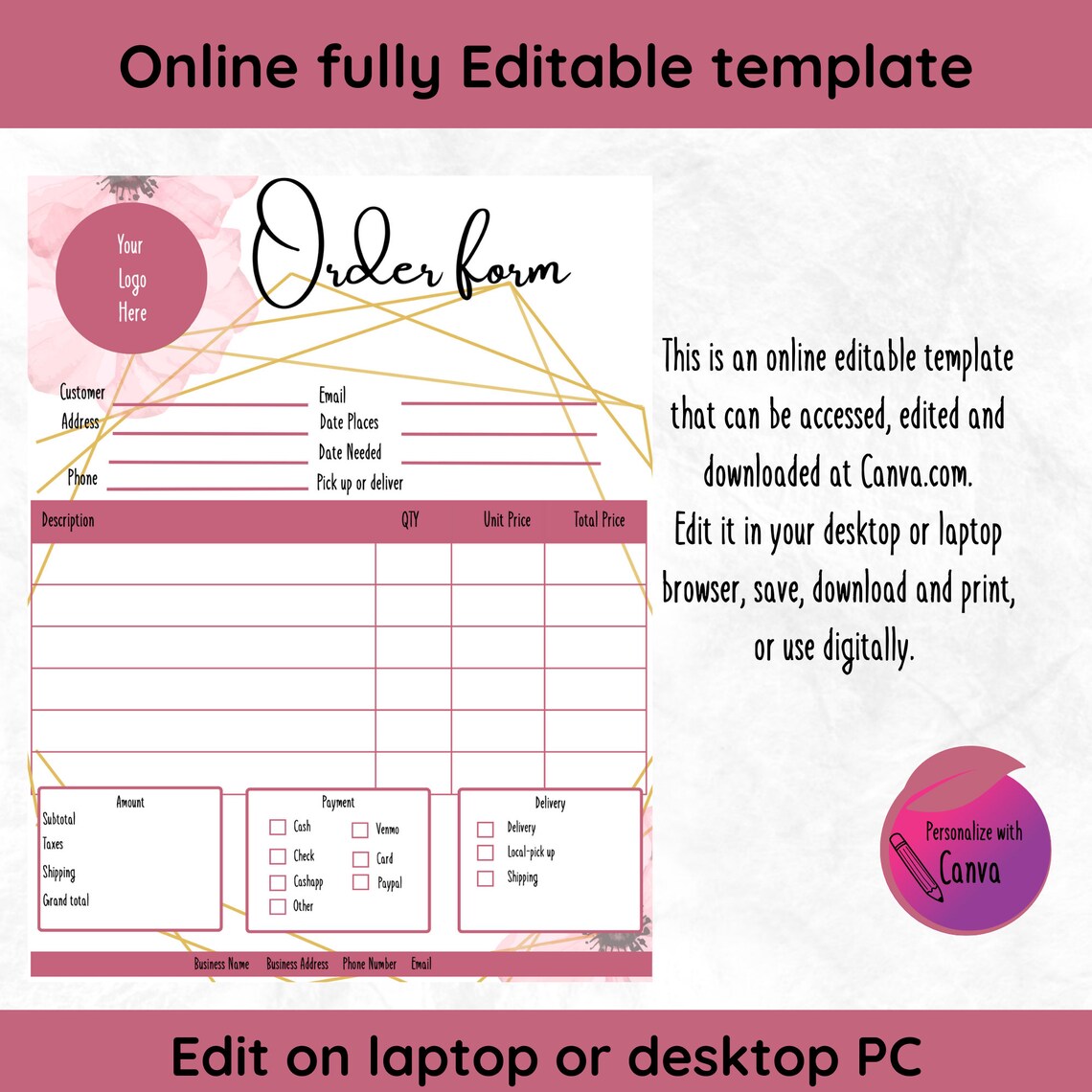 Editable Order Form Template Printable Small Business Order Form