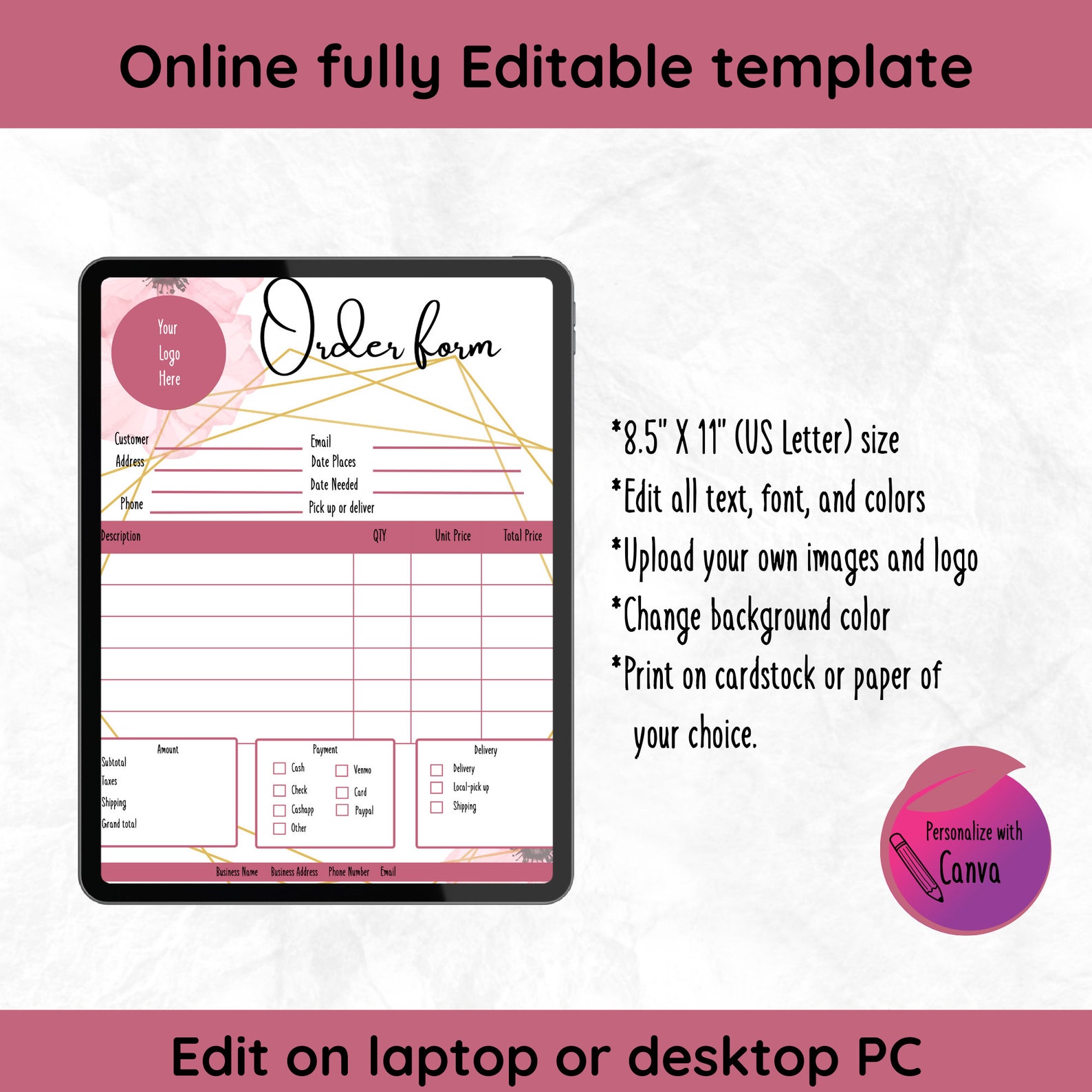 Editable Order Form Template, Printable Small Business Order Form ...