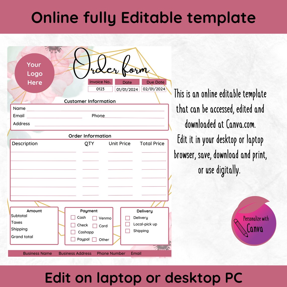 Editable Order Form Template, Printable Small Business Order Form ...