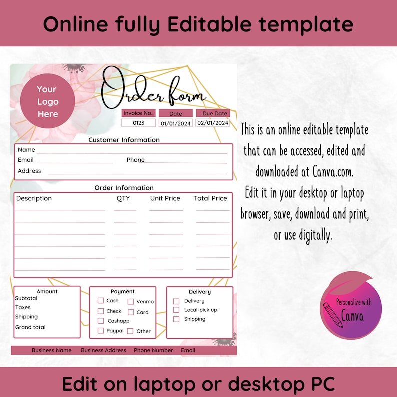 Editable Order Form Template, Printable Small Business Order Form ...