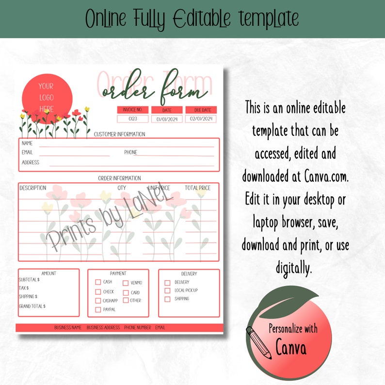 Editable Order Form Template, Floral Order Form, Small Business Forms ...
