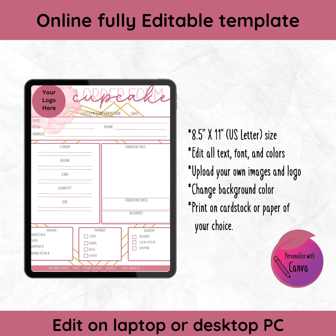 Editable Cupcake Order Form Template, Printable Small Business Order ...