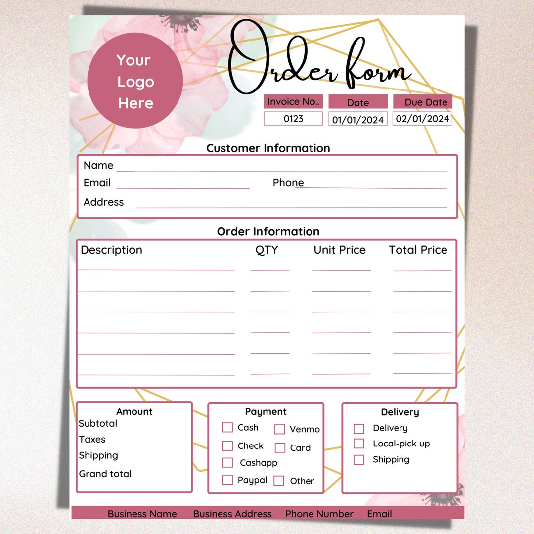 Editable Order Form Template Printable Small Business Order Form
