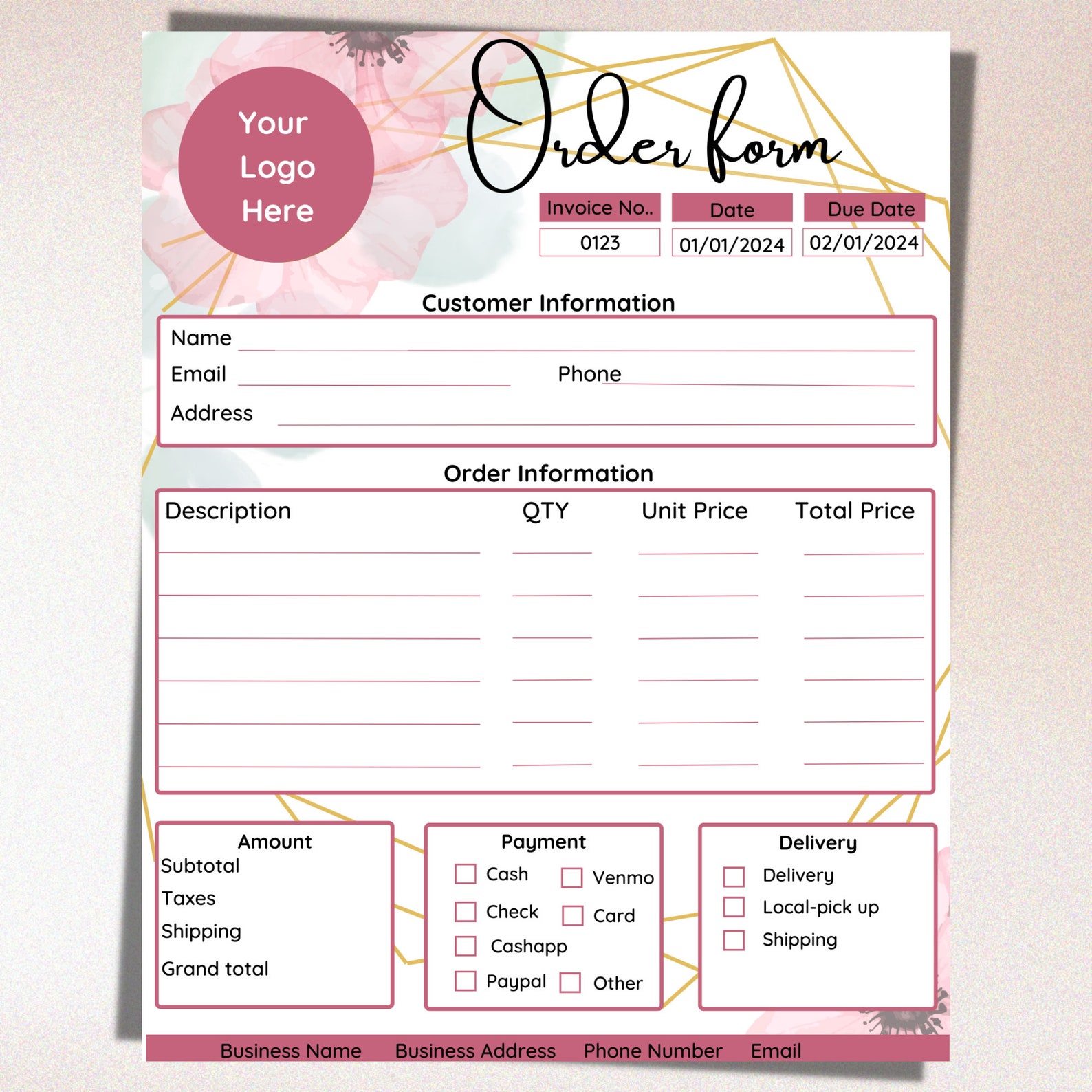 Editable Order Form Template, Printable Small Business Order Form ... Editable Order Form Template, Printable Small Business Order Form ...