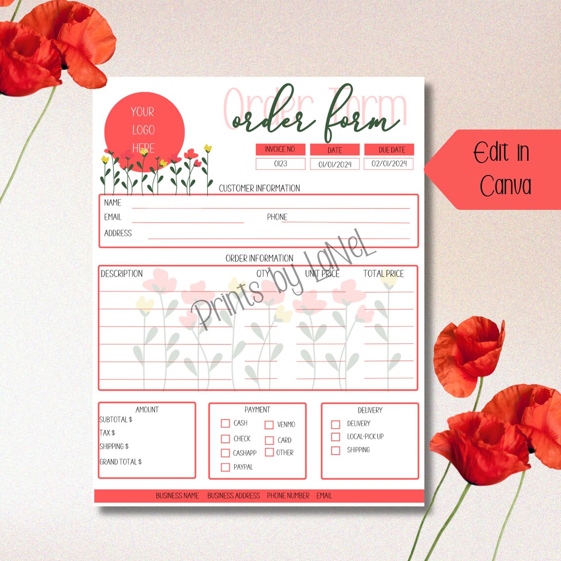 Editable Order Form Template, Floral Order Form, Small Business Forms ...