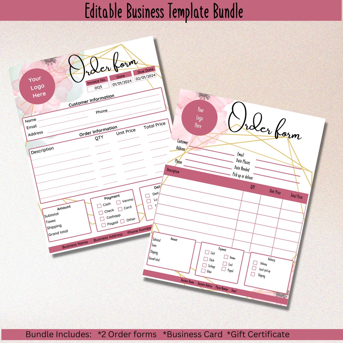 Editable Order Form Template, Printable Small Business Order Form ...
