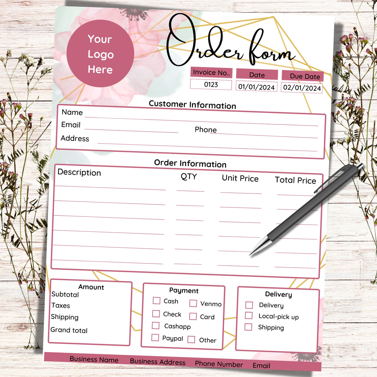 Editable Order Form Template, Printable Small Business Order Form ...