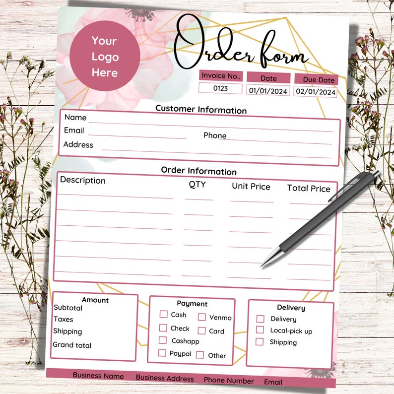 Editable Order Form Template, Printable Small Business Order Form ...