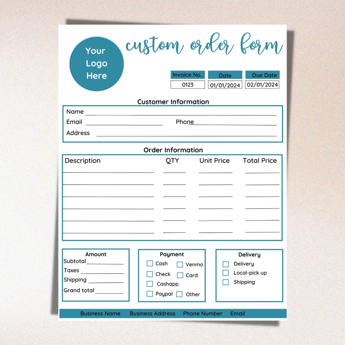 Custom Order Form Template | Purchase Order Form Template | Order Form ...