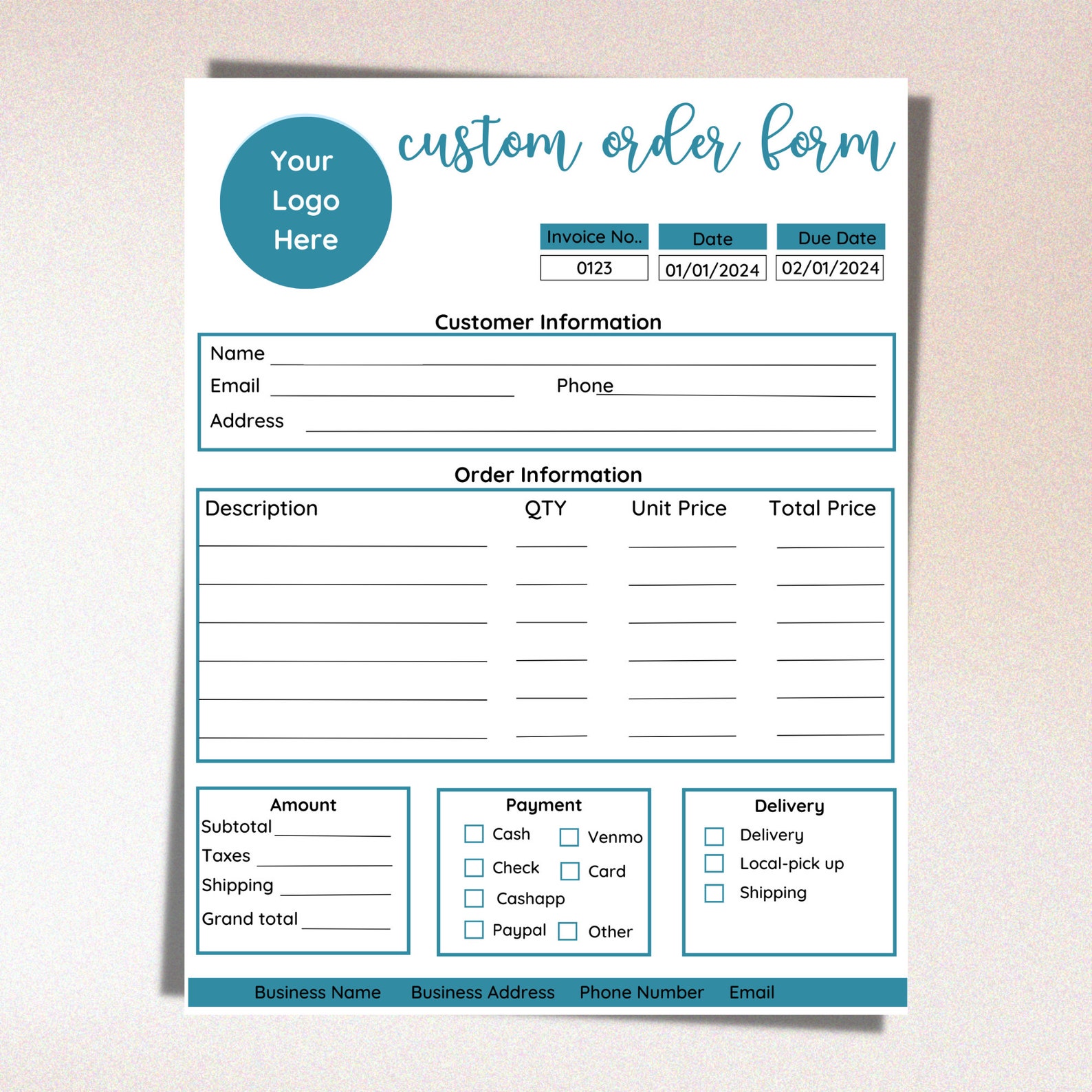 Custom Order Form Template | Purchase Order Form Template | Order Form ...