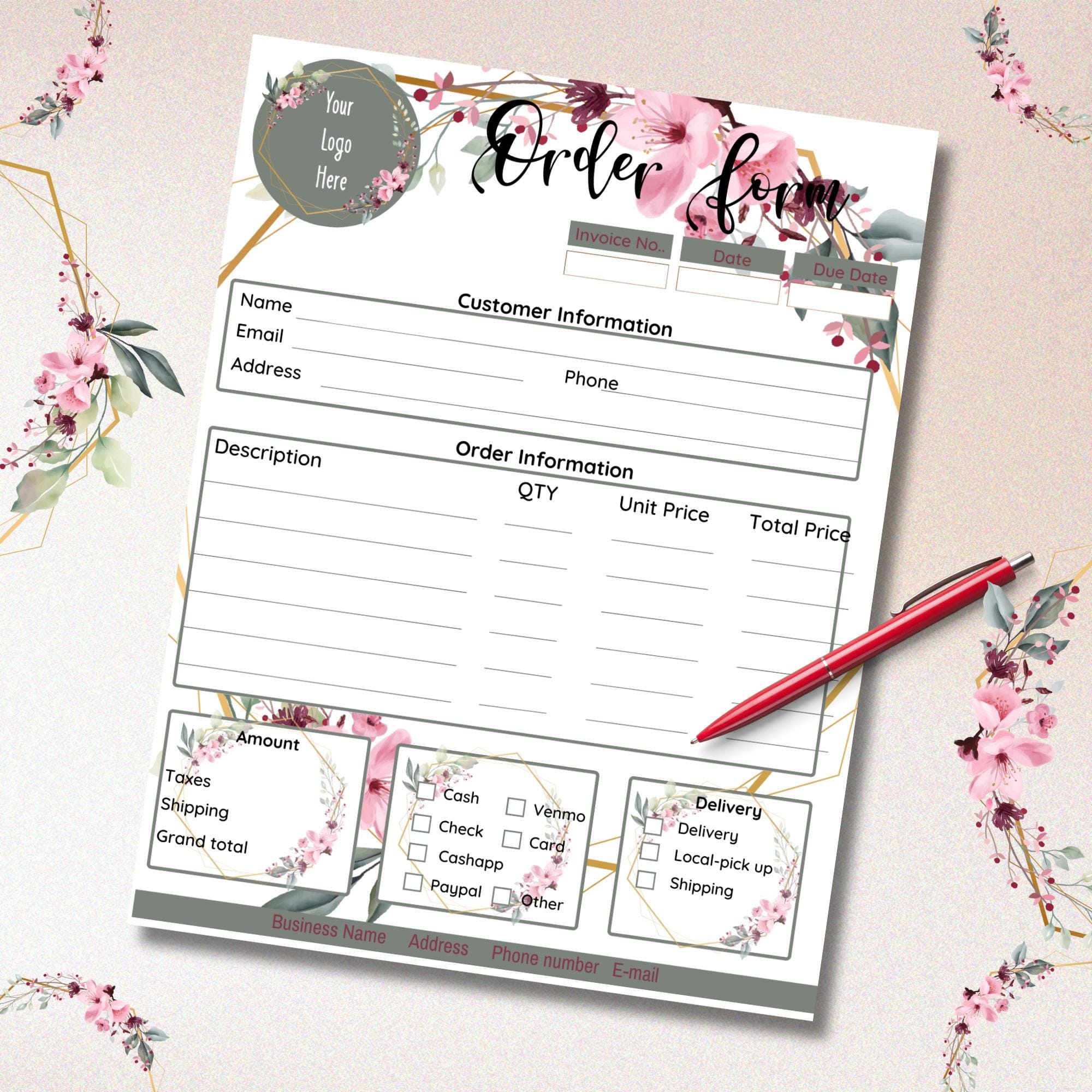 Editable Order Form Template, Printable Small Business Order Form ...