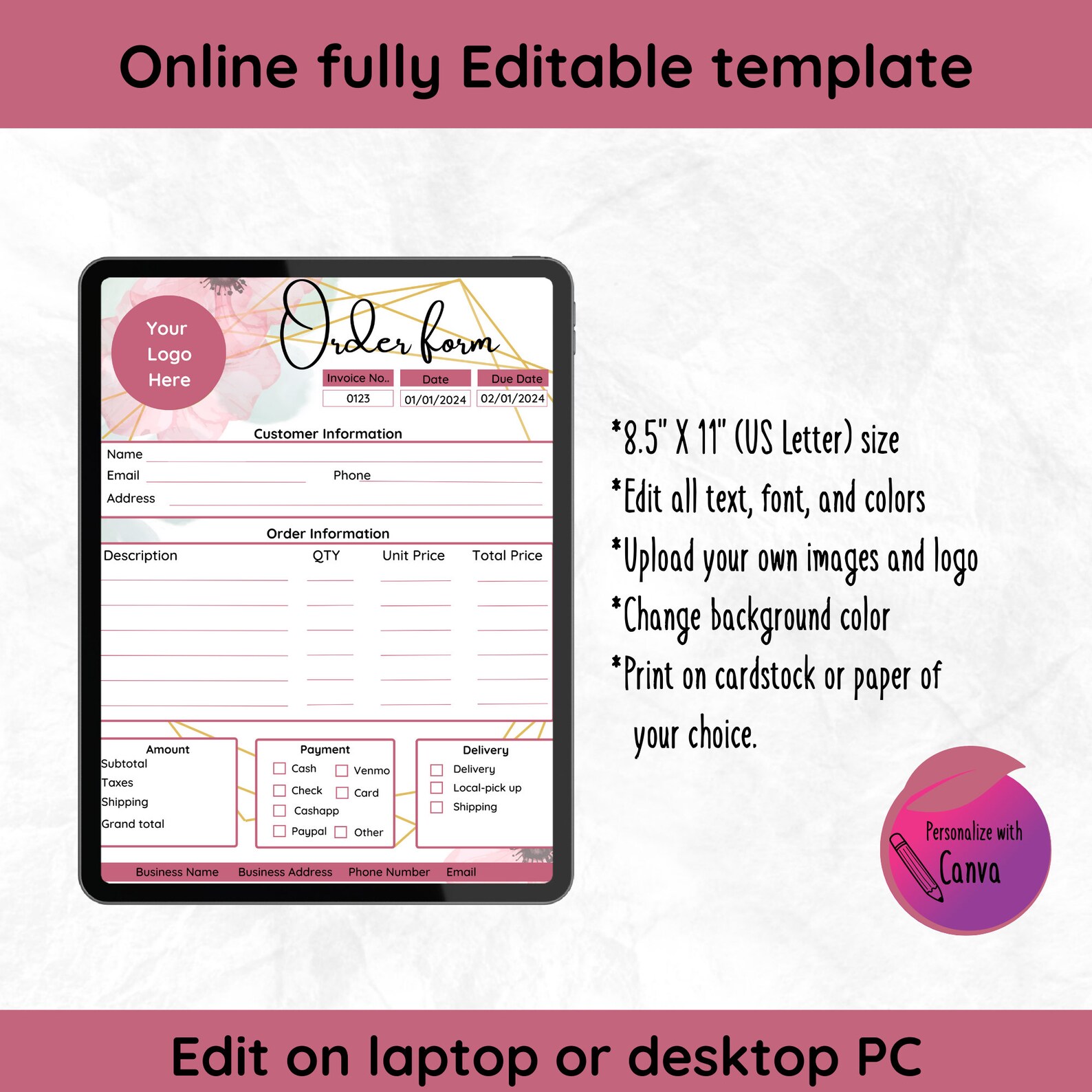 Editable Order Form Template, Printable Small Business Order Form ...