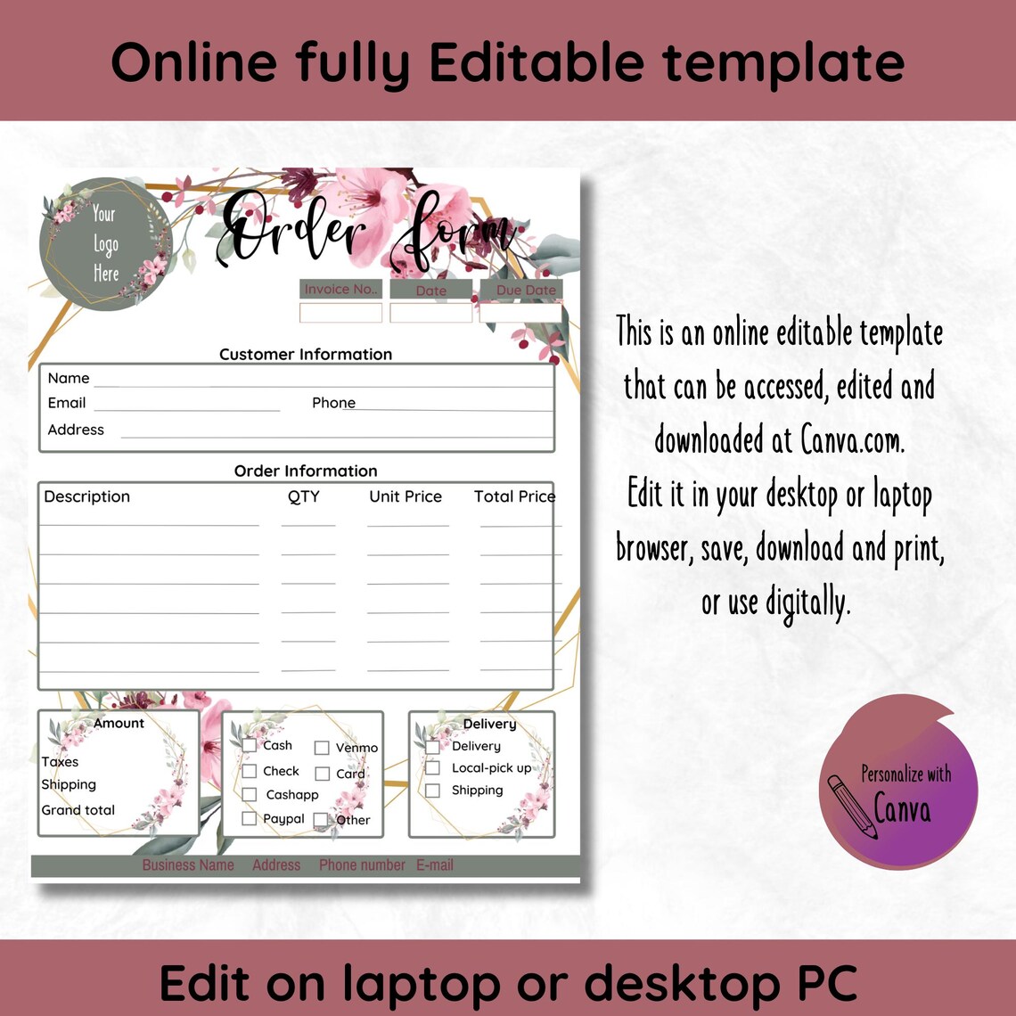Editable Order Form Template, Printable Small Business Order Form ...
