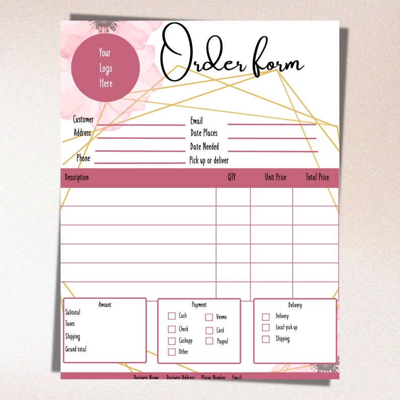 Editable Order Form Template, Printable Small Business Order Form ...
