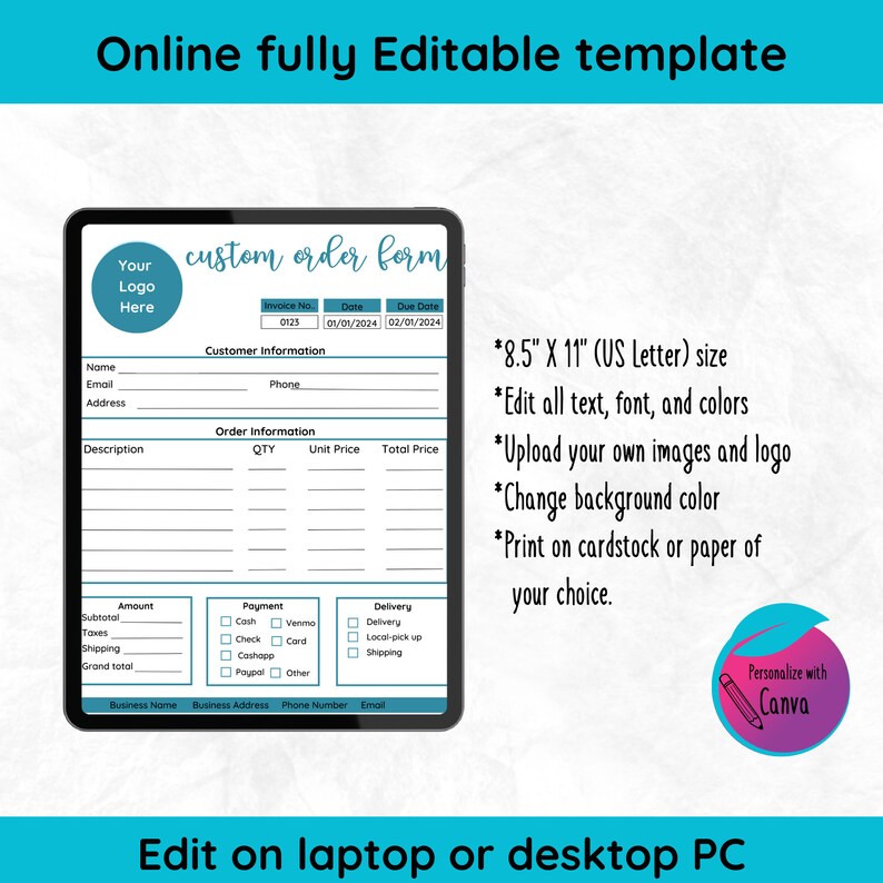 Custom Order Form Template | Purchase Order Form Template | Order Form ...
