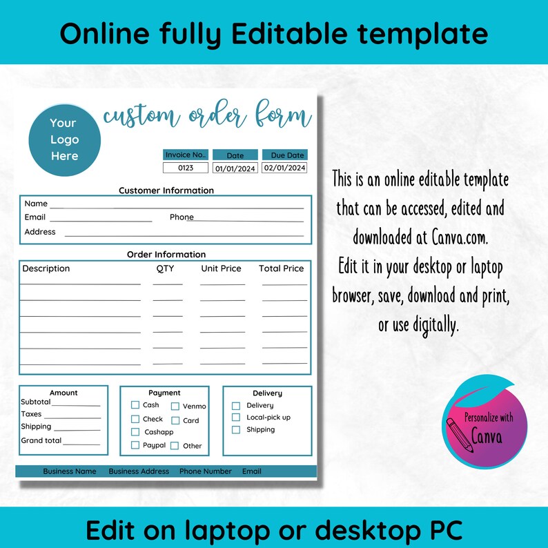 Custom Order Form Template | Purchase Order Form Template | Order Form ...