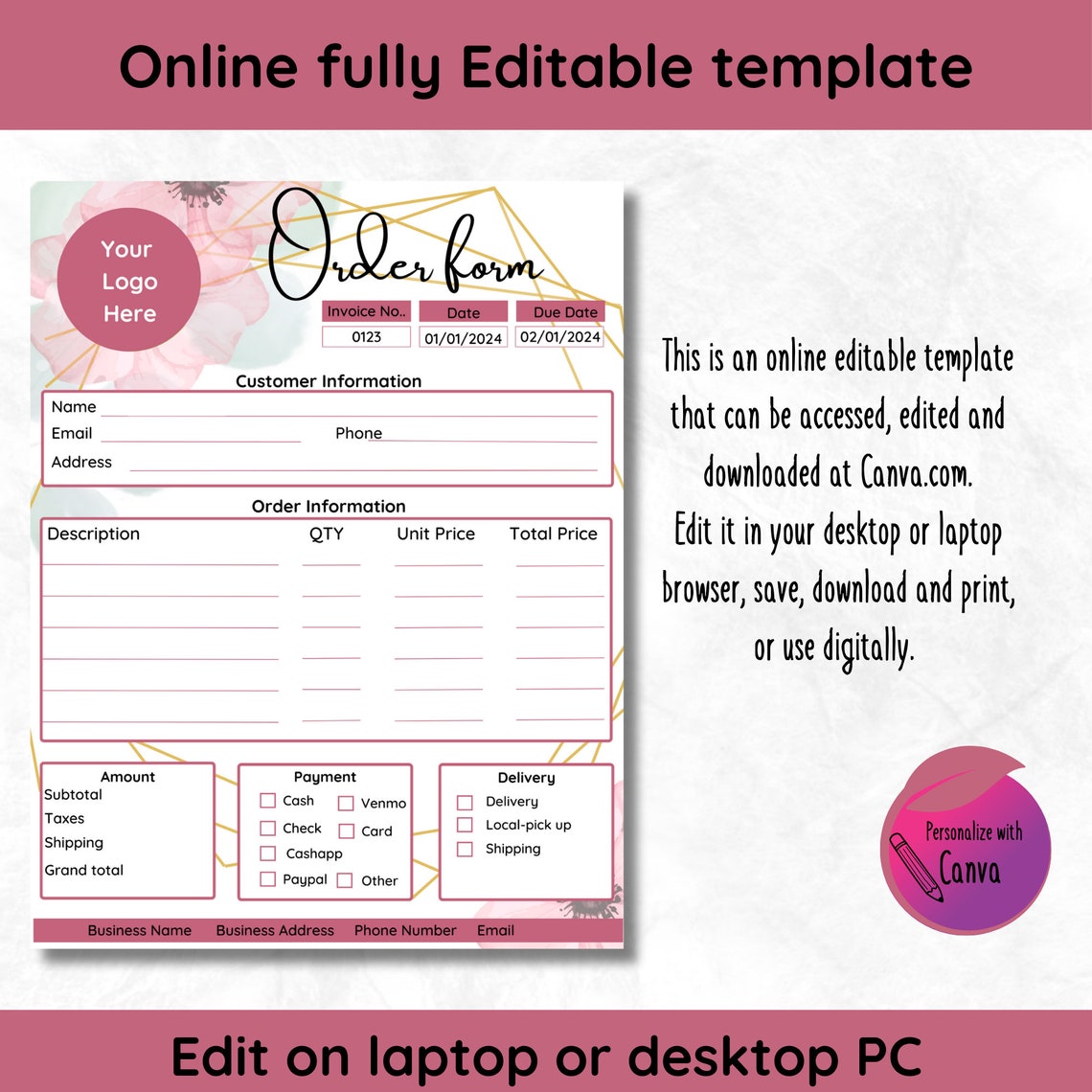 Editable Order Form Template, Printable Small Business Order Form ...