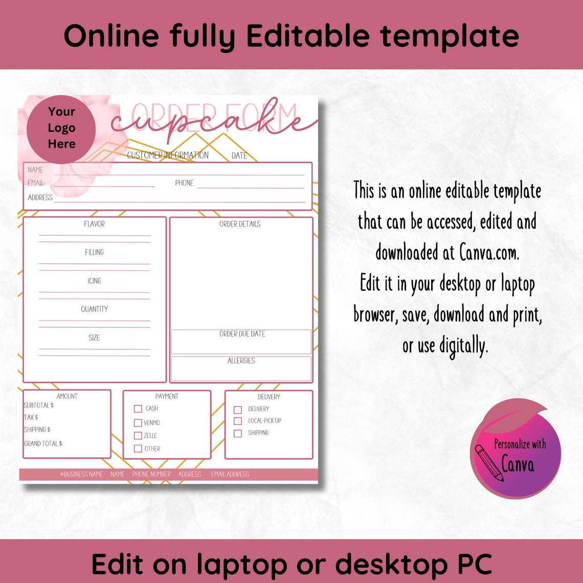 Editable Cupcake Order Form Template, Printable Small Business Order ...