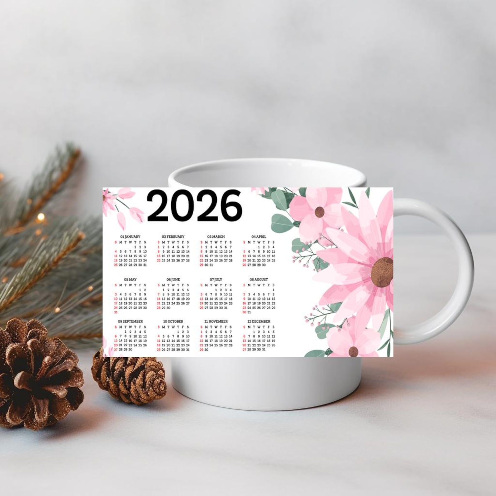 2026 Floral Calendar Mug Wrap • Pink Flowers Sublimation PNG (digital ...