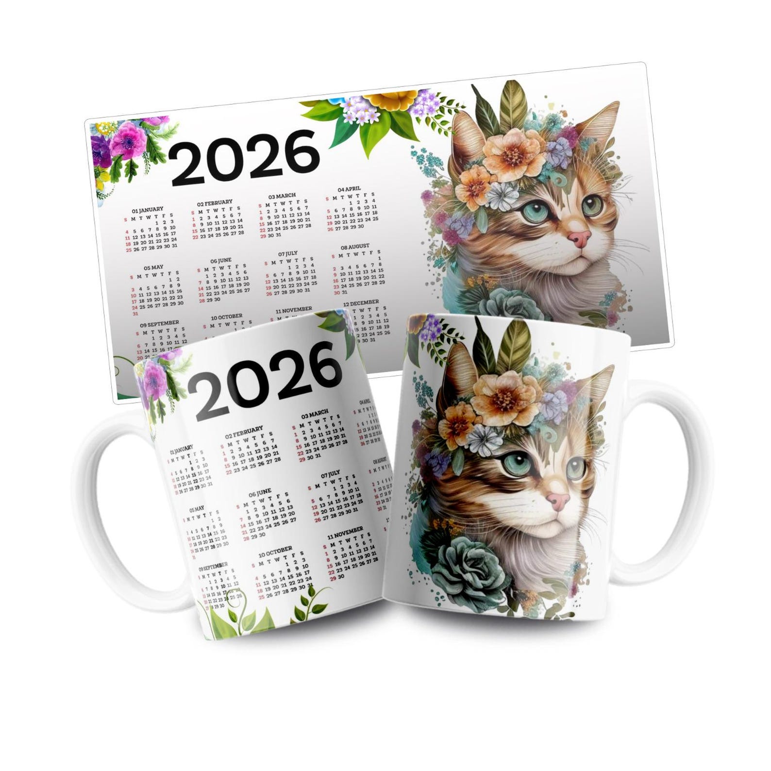 2026 Calendar Mug Wrap | Floral Animals Sublimation Design (digital ...