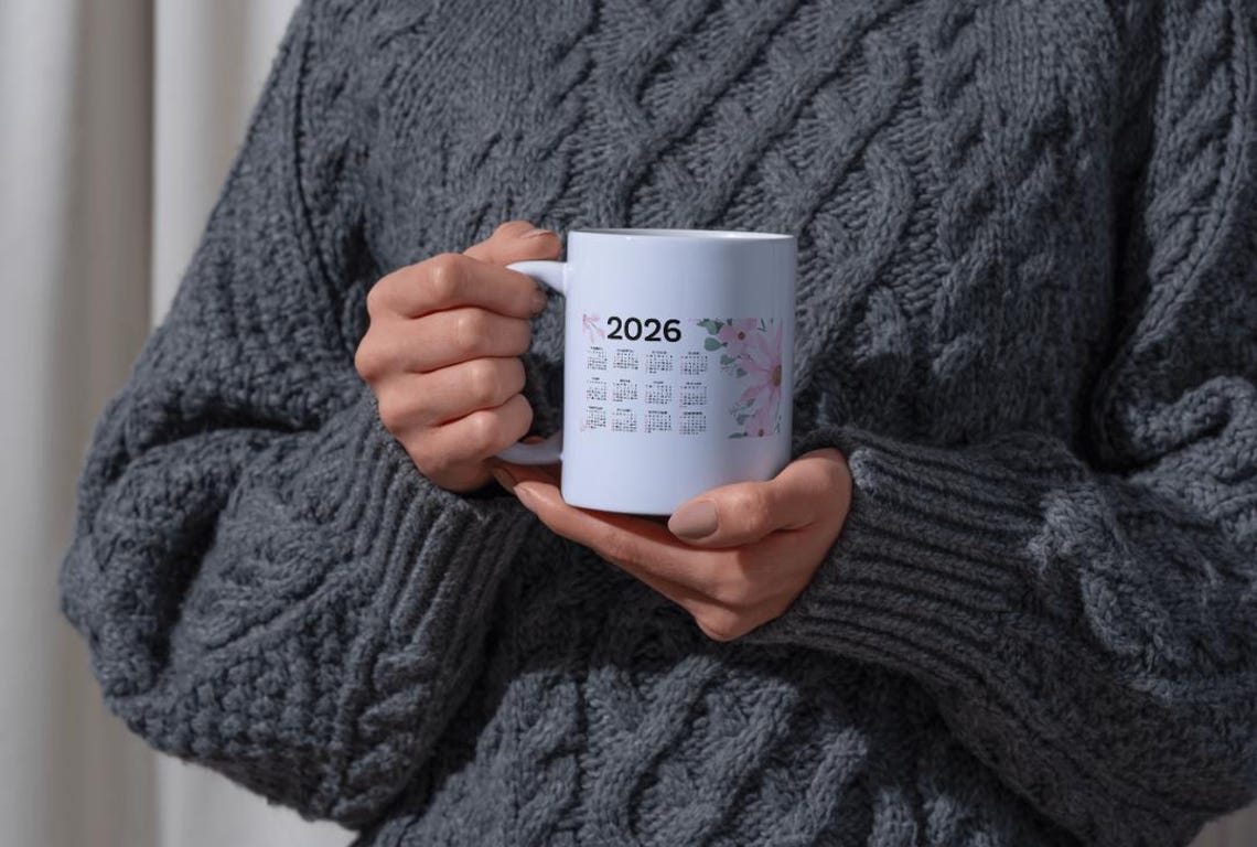 2026 Floral Calendar Mug Wrap • Pink Flowers Sublimation PNG (digital ...