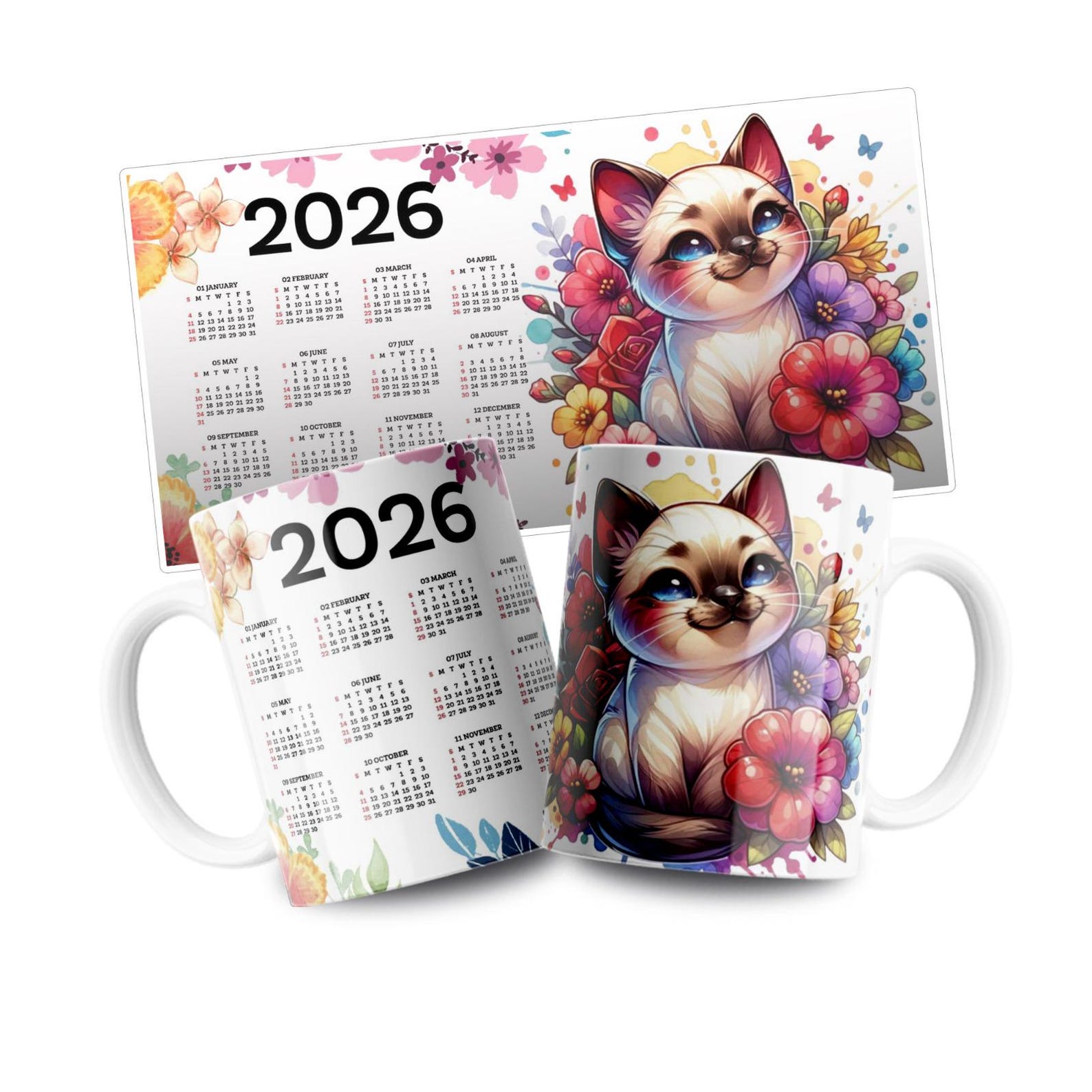 2026 Calendar Mug Wrap | Floral Animals Sublimation Design (digital ...