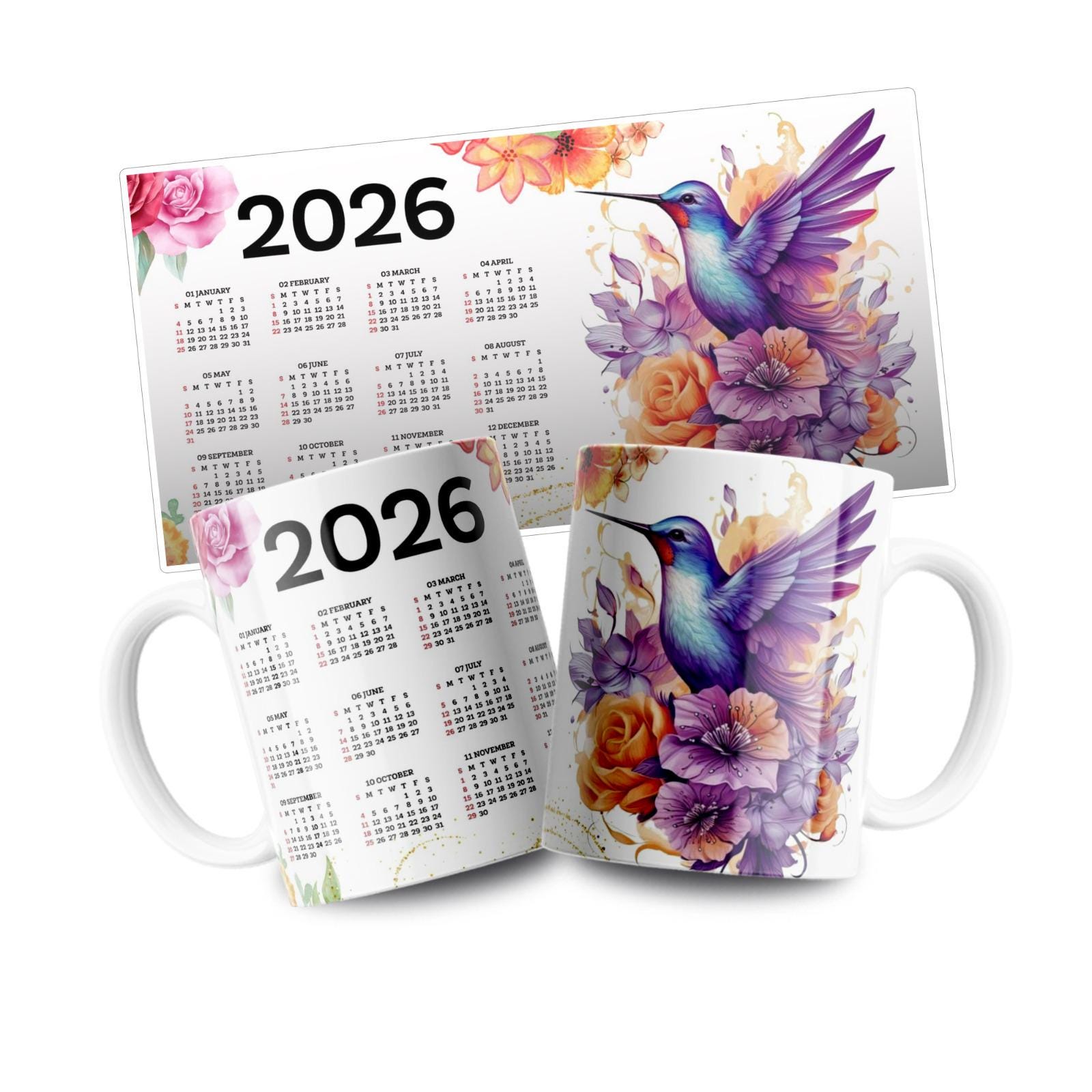 2026 Calendar Mug Wrap | Floral Animals Sublimation Design (digital ...