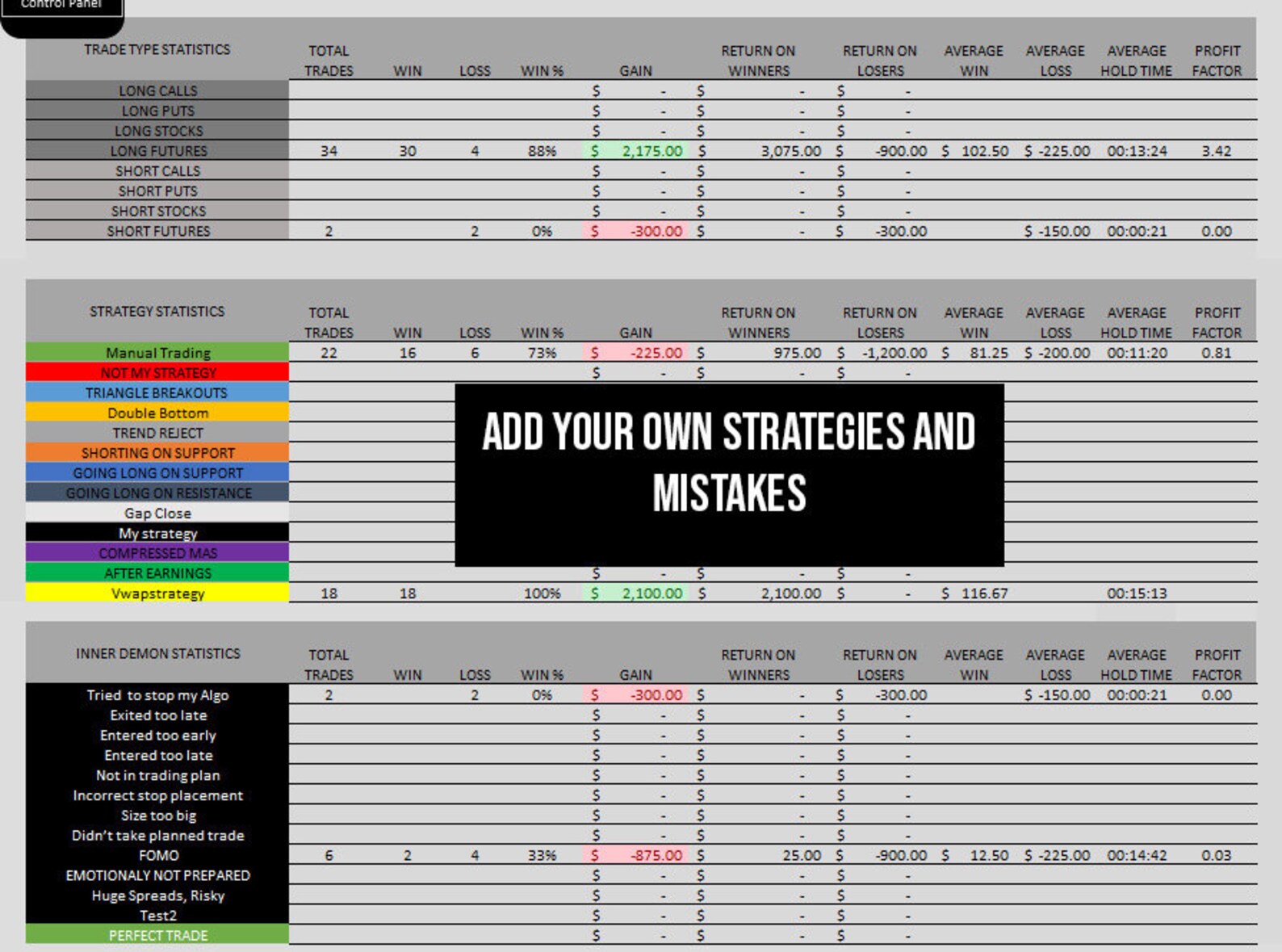 Ninjatrader Trades Tracking Journal, Excel Spreadsheet, Short and Long ...