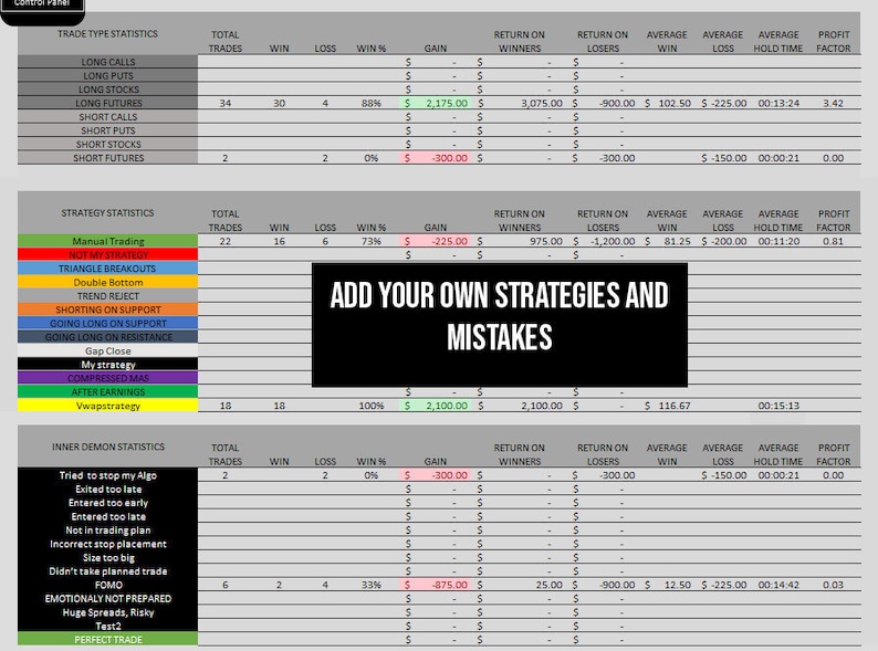 Ninjatrader Trades Tracking Journal, Excel Spreadsheet, Short and Long ...