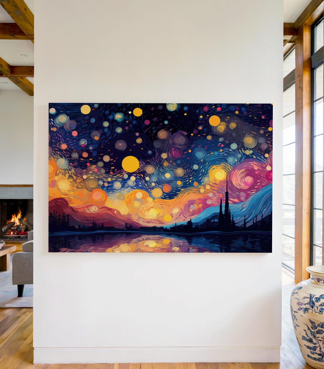 Starry Night Sky Canvas Wall Art Print, Colorful Living Room Decor Wall ...