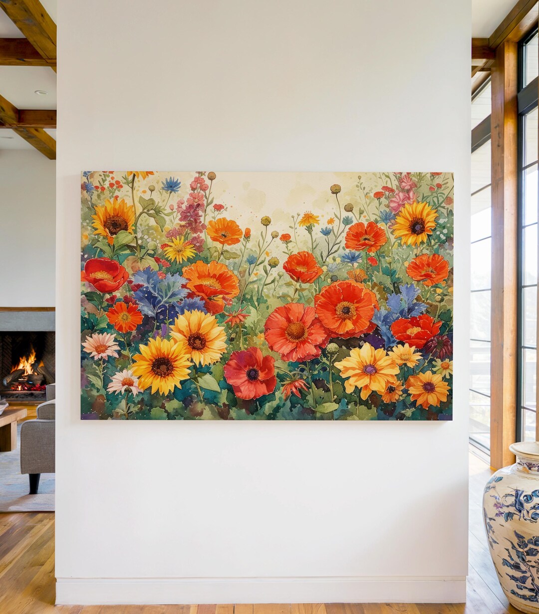 Flower Garden Canvas Wall Art Print, Wildflower Wall Art, Watercolor ...
