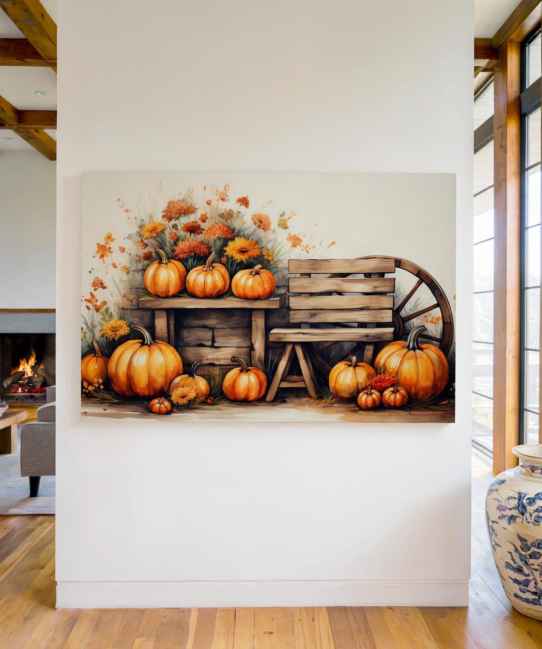 Fall Season Canvas Wall Art Print, Pumpkin Flowers Print, Rustic Fall ...