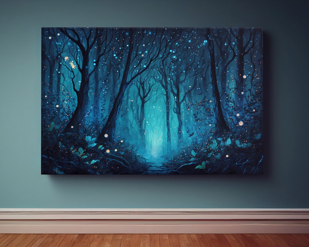 Enchanted Forest Canvas Wall Art Print, Firefly Forest Canvas Art ...