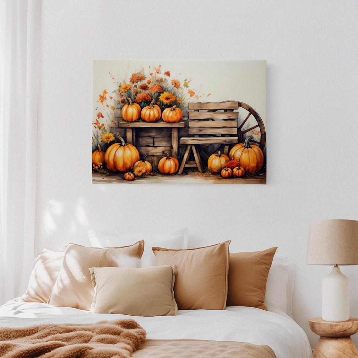 Fall Season Canvas Wall Art Print, Pumpkin Flowers Print, Rustic Fall ...