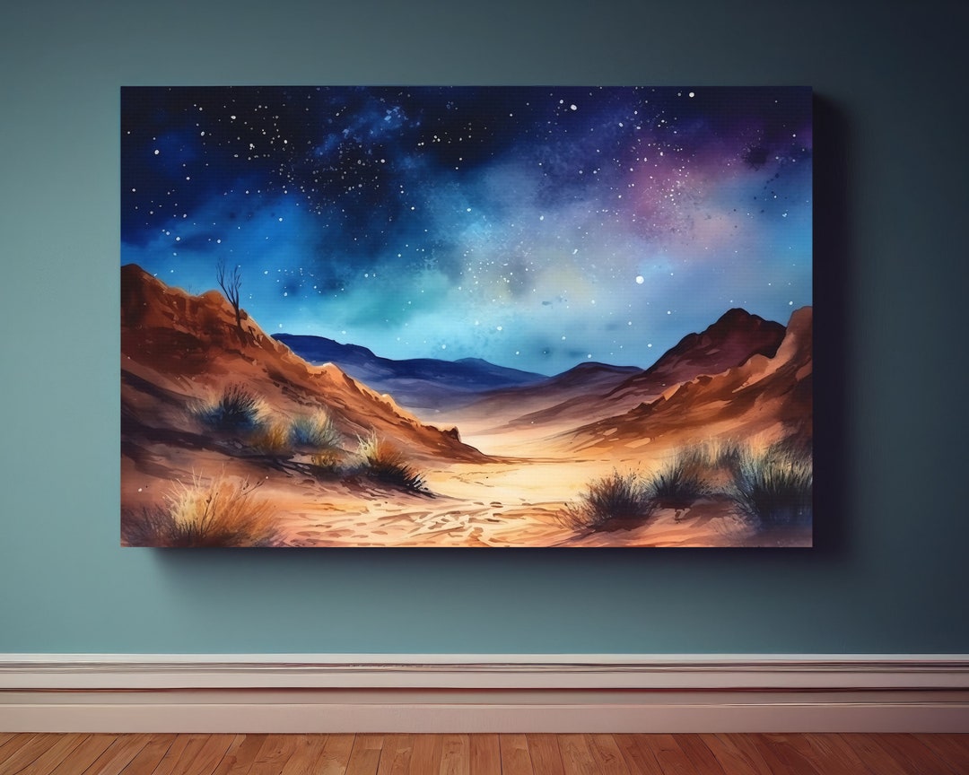 Watercolor Starry Night Desert Canvas Wall Art Print, Desert Decor ...