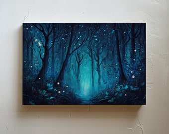 Enchanted Forest Canvas Wall Art Print, Firefly Forest Canvas Art ...