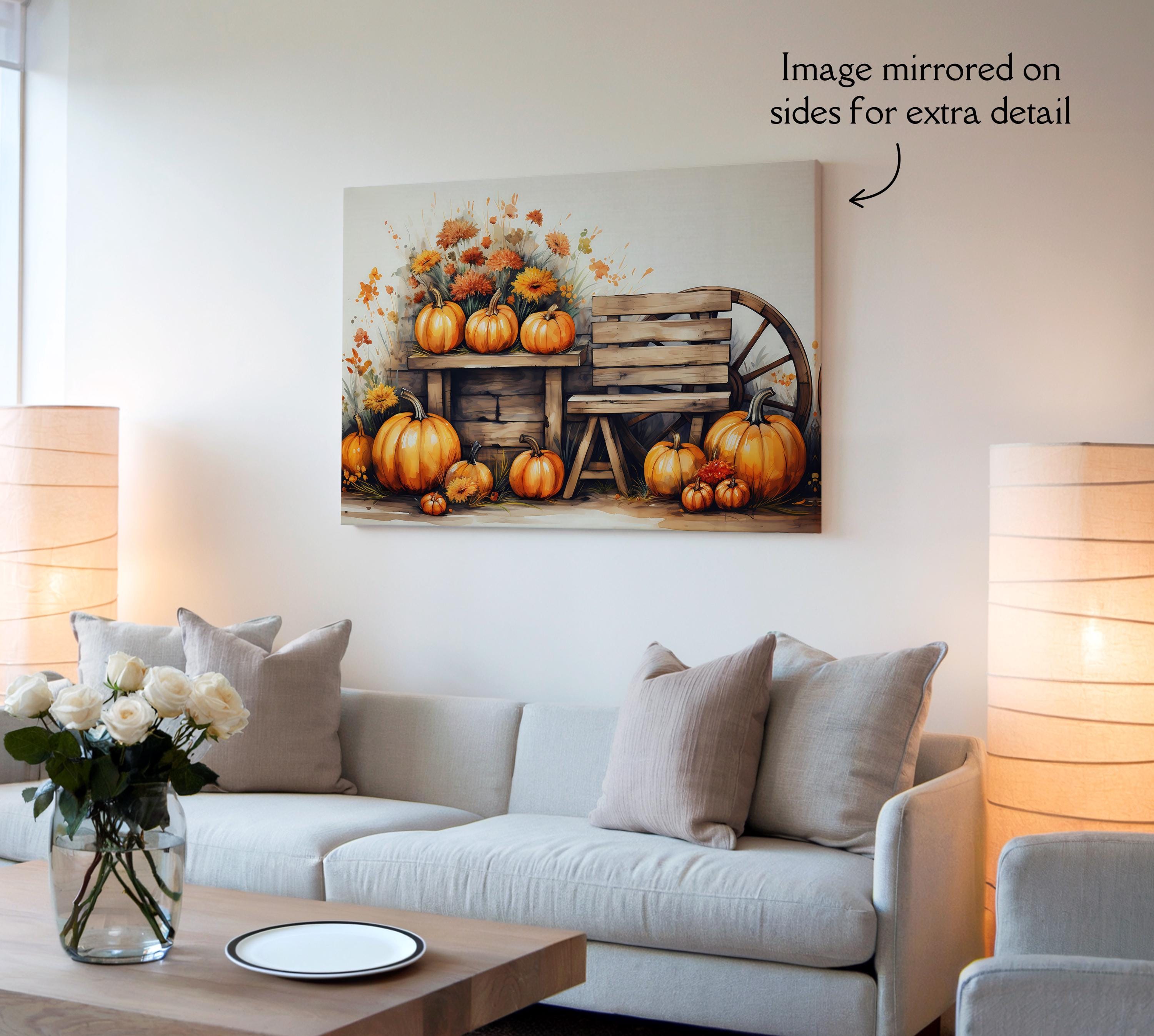 Fall Season Canvas Wall Art Print, Pumpkin Flowers Print, Rustic Fall ...