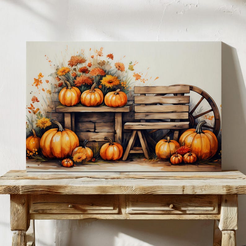 Fall Season Canvas Wall Art Print, Pumpkin Flowers Print, Rustic Fall ...
