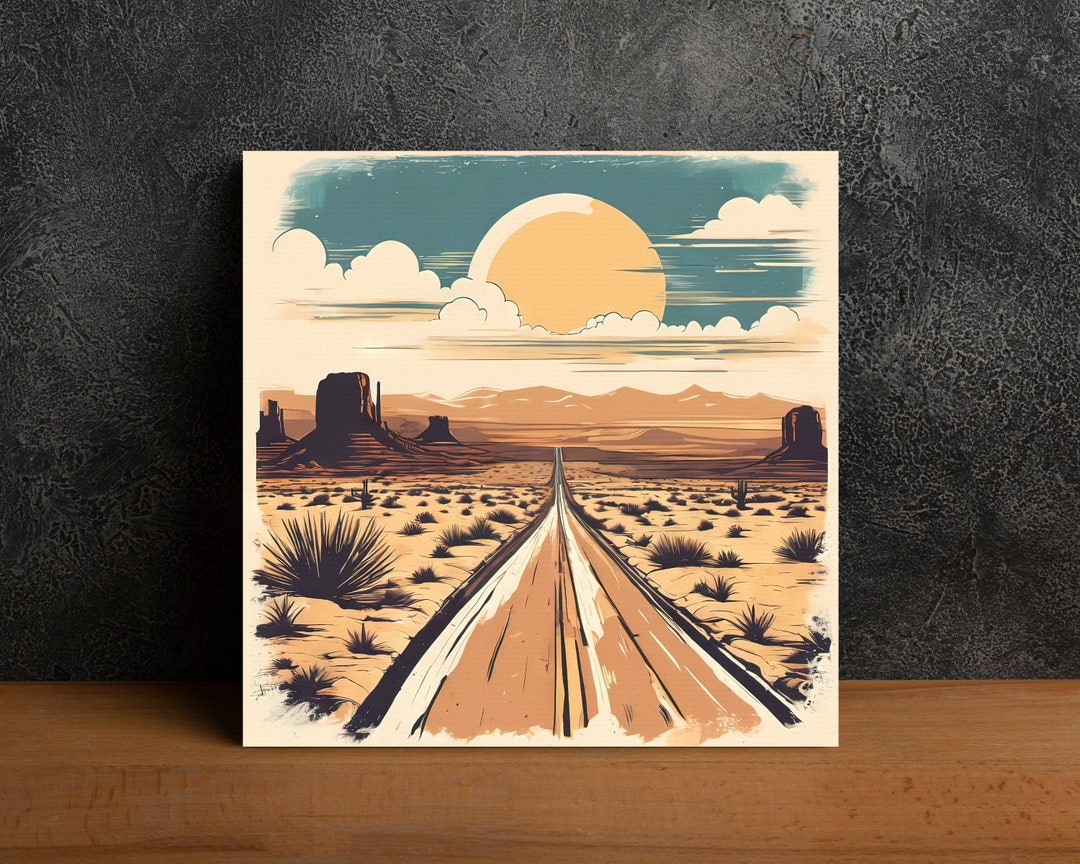 Retro Desert Landscape Canvas Wall Art Print, Desert Wall Decor ...