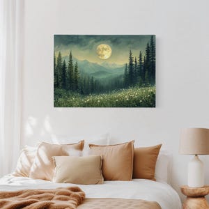Moonlit Pine Forest Canvas Wall Art Print, Woodland Decor, Full Moon ...
