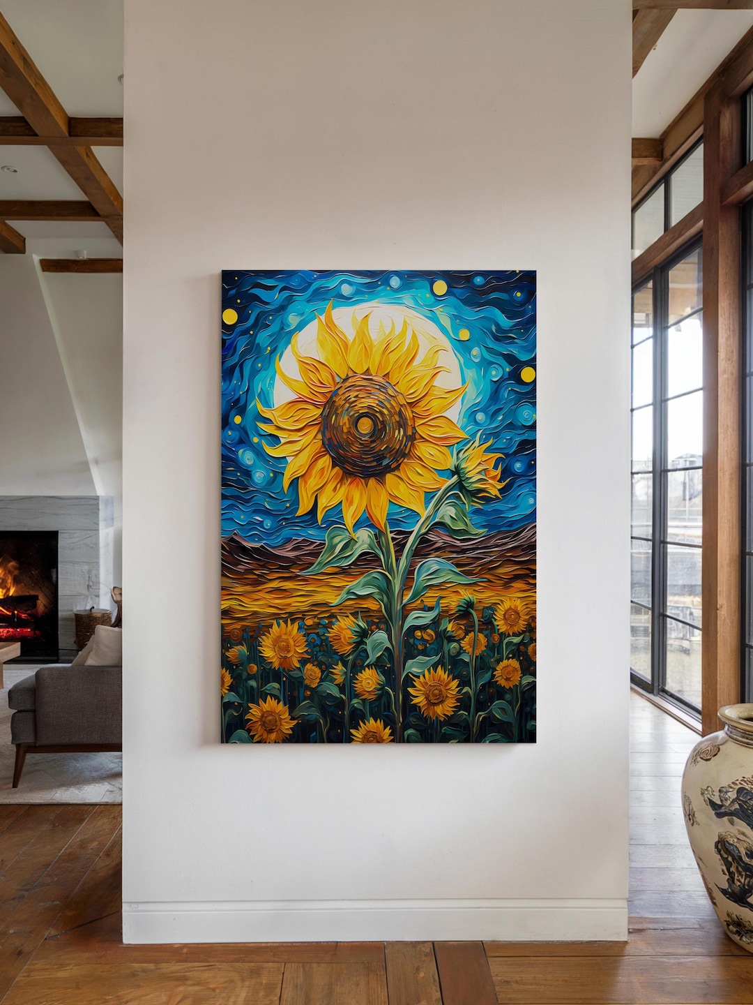 Starry Night Sunflower Canvas Print, Celestial Floral Wall Art, Vibrant ...