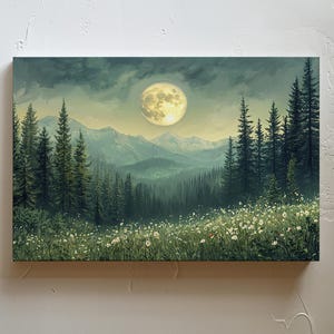 Moonlit Pine Forest Canvas Wall Art Print, Woodland Decor, Full Moon ...