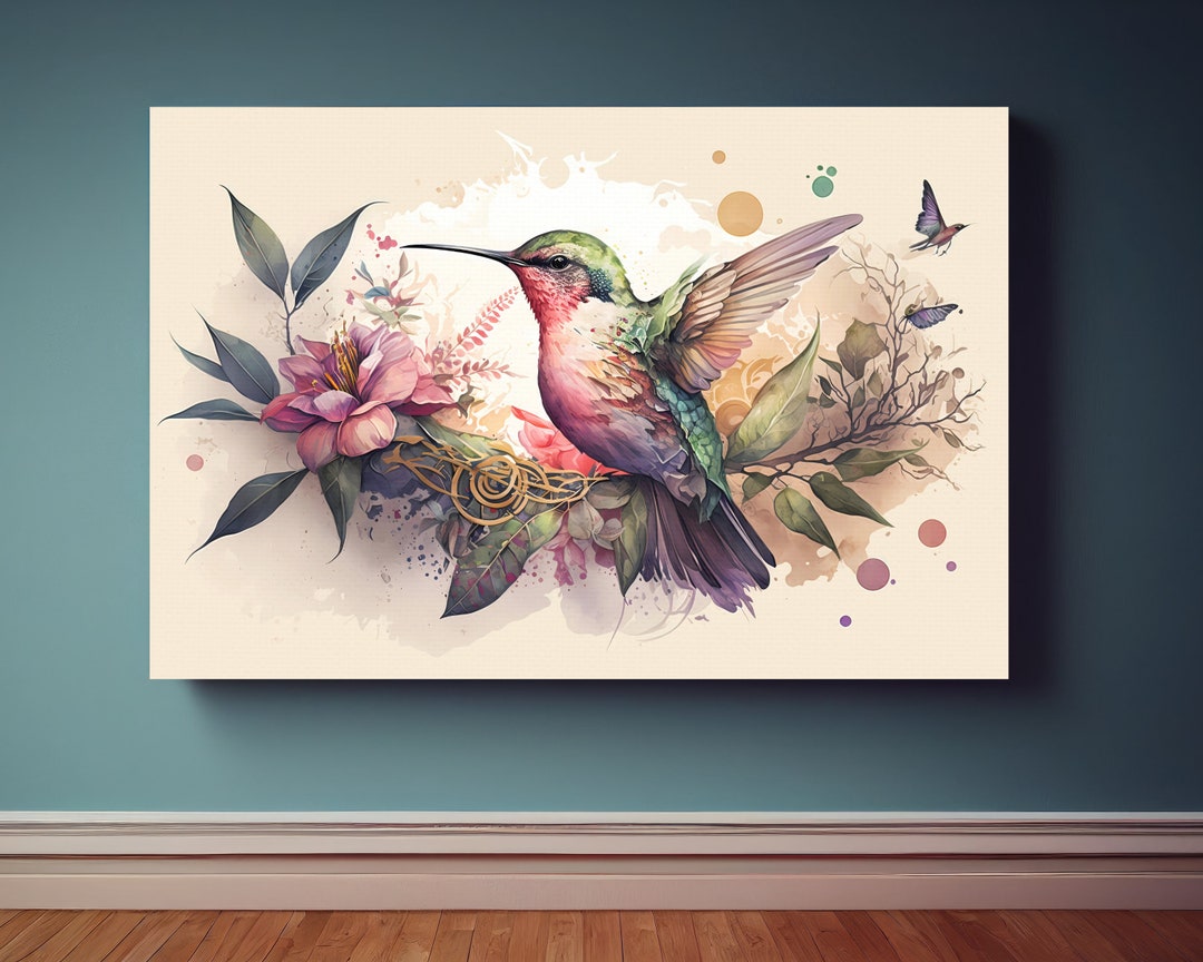 Watercolor Hummingbird Canvas Wall Art Print, Hummingbird Flower Decor ...