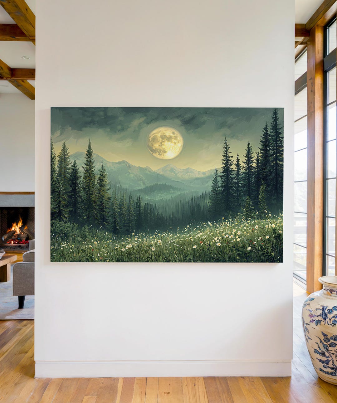 Moonlit Pine Forest Canvas Wall Art Print, Woodland Decor, Full Moon ...