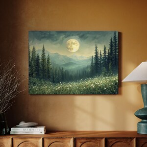 Moonlit Pine Forest Canvas Wall Art Print, Woodland Decor, Full Moon ...